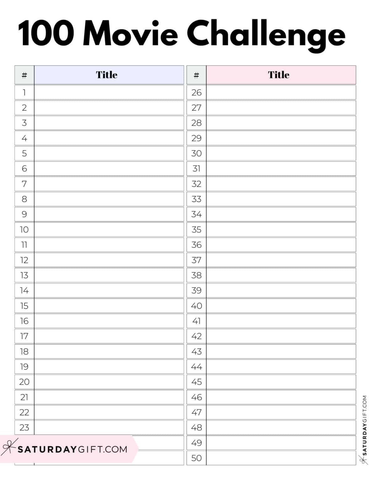 100 Movie Challenge Template - 19 Free printables | SaturdayGift
