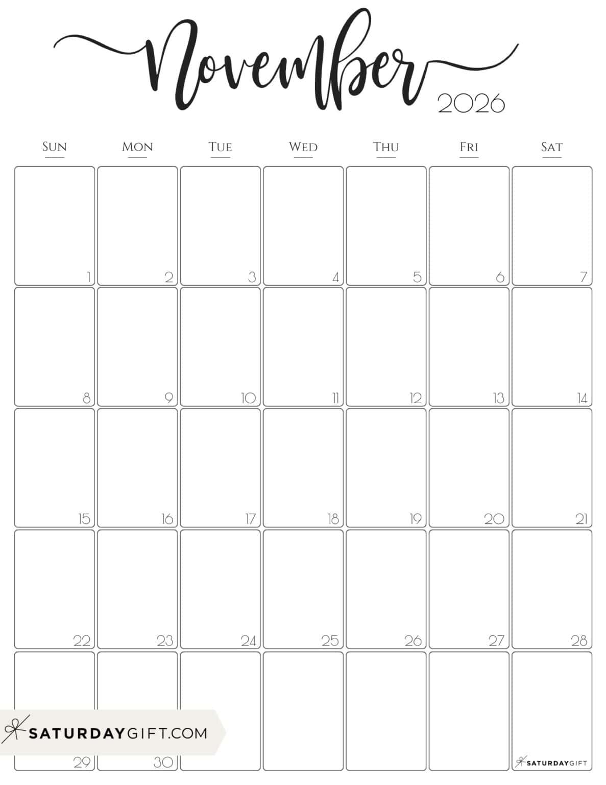 November 2026 Calendars - 23 Cute Free Printable PDFs by SaturdayGift