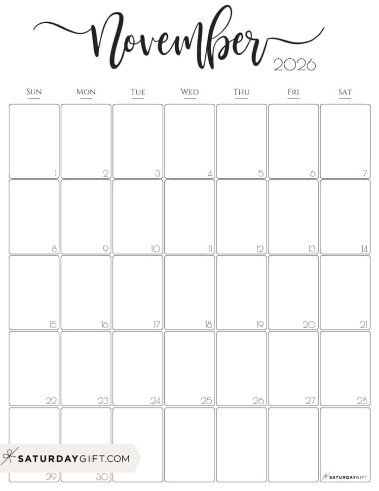 November 2026 Calendars - 23 Cute Free Printable PDFs by SaturdayGift