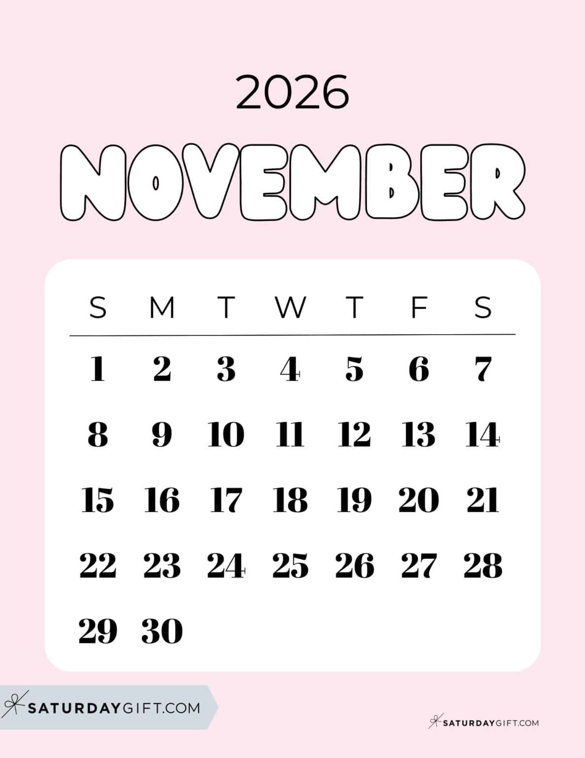 November 2026 Calendars - 23 Cute Free Printable PDFs by SaturdayGift