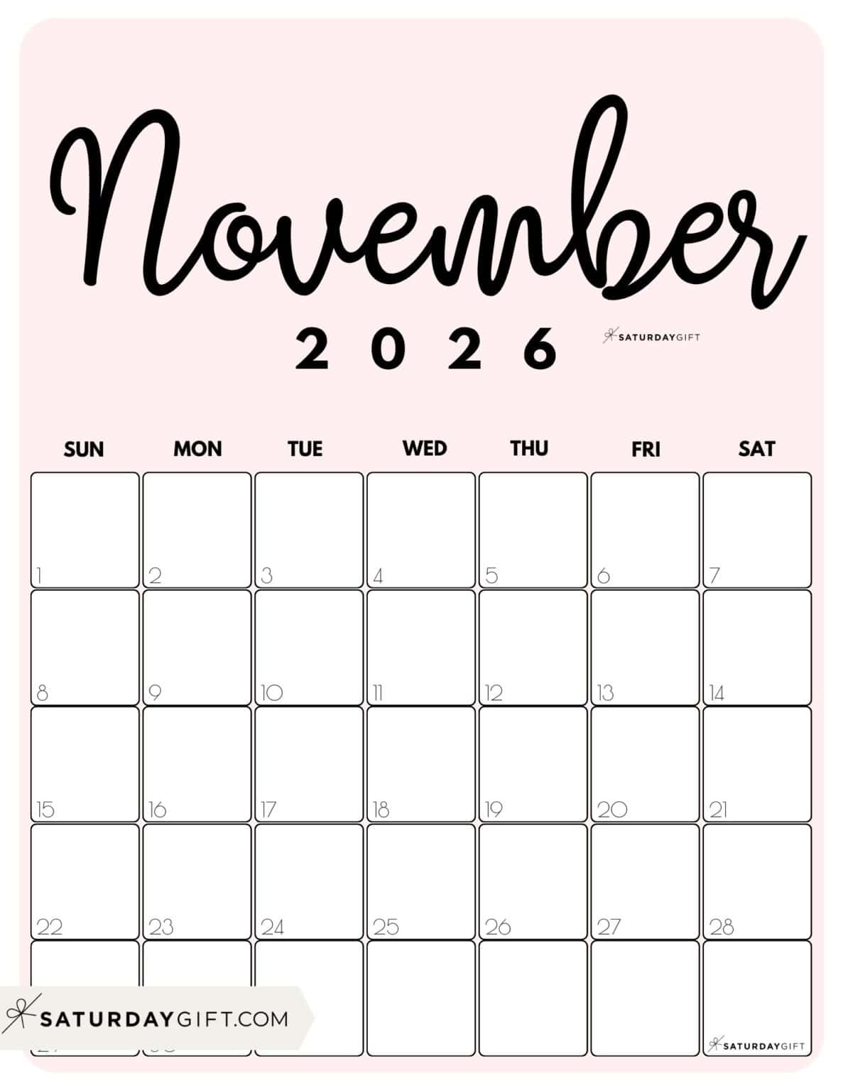 November 2026 Calendars - 23 Cute Free Printable PDFs by SaturdayGift