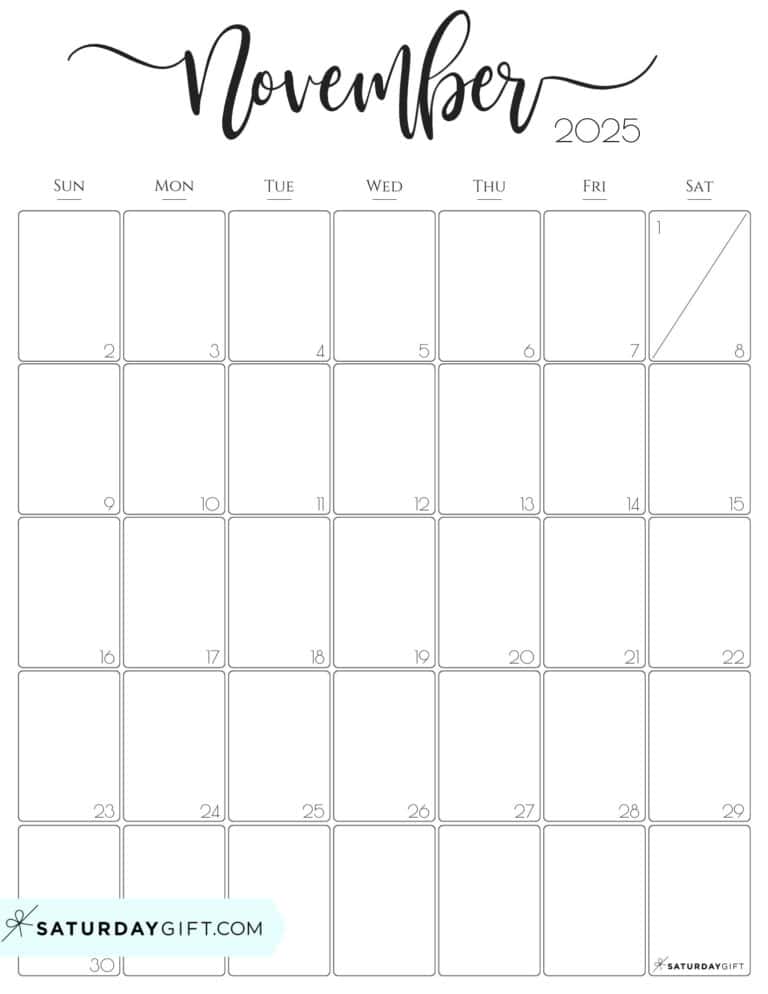 November 2025 Calendars - 23 Cute Free Printable PDFs | SaturdayGift