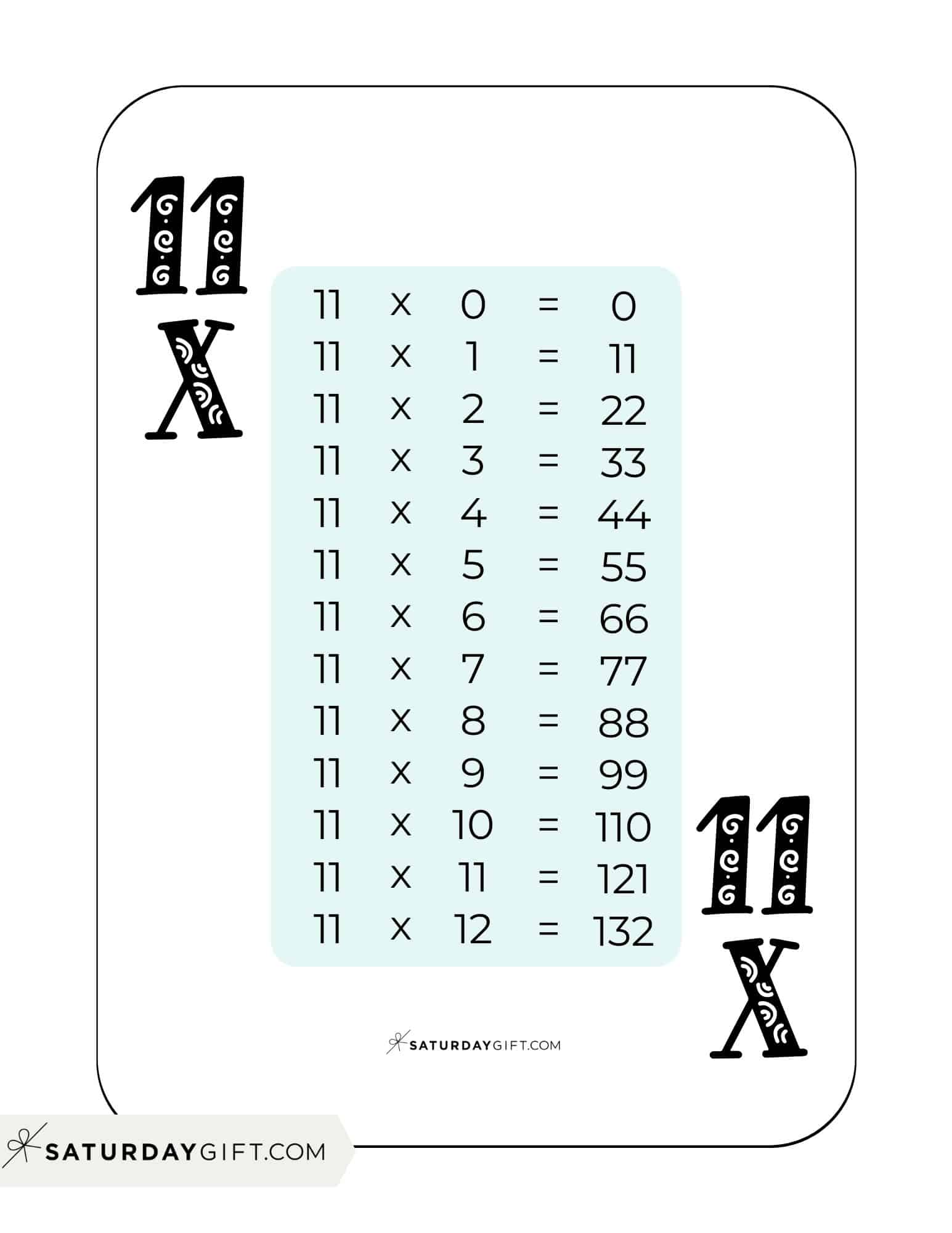 11 Times Table Chart - 15 Cute & Free Printables | SaturdayGift