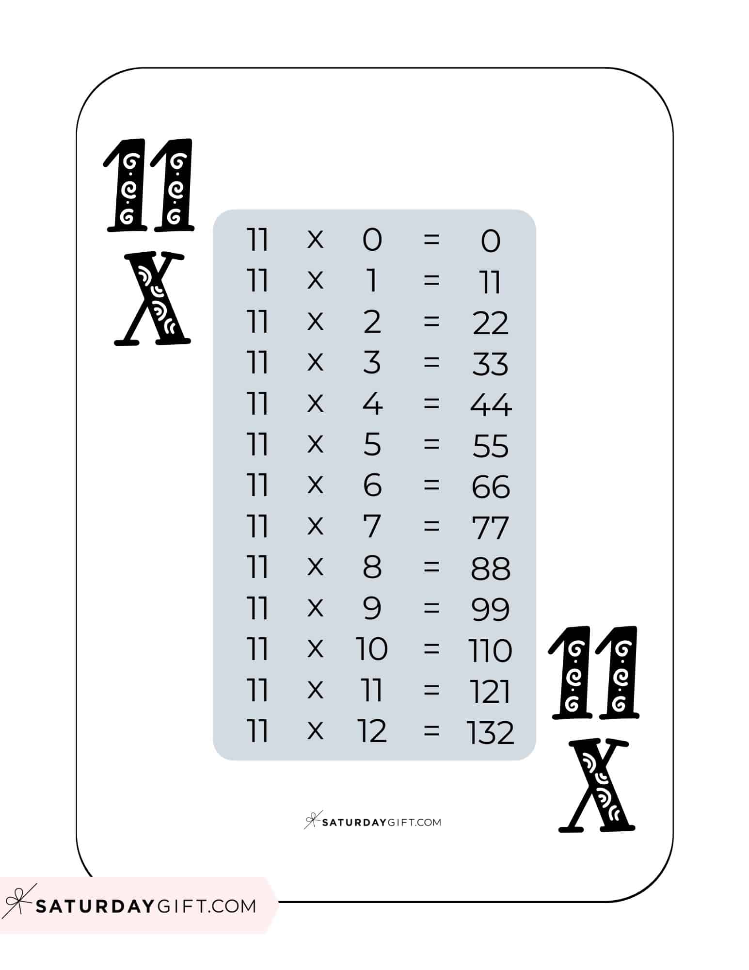 11 Times Table Chart - 15 Cute & Free Printables | SaturdayGift