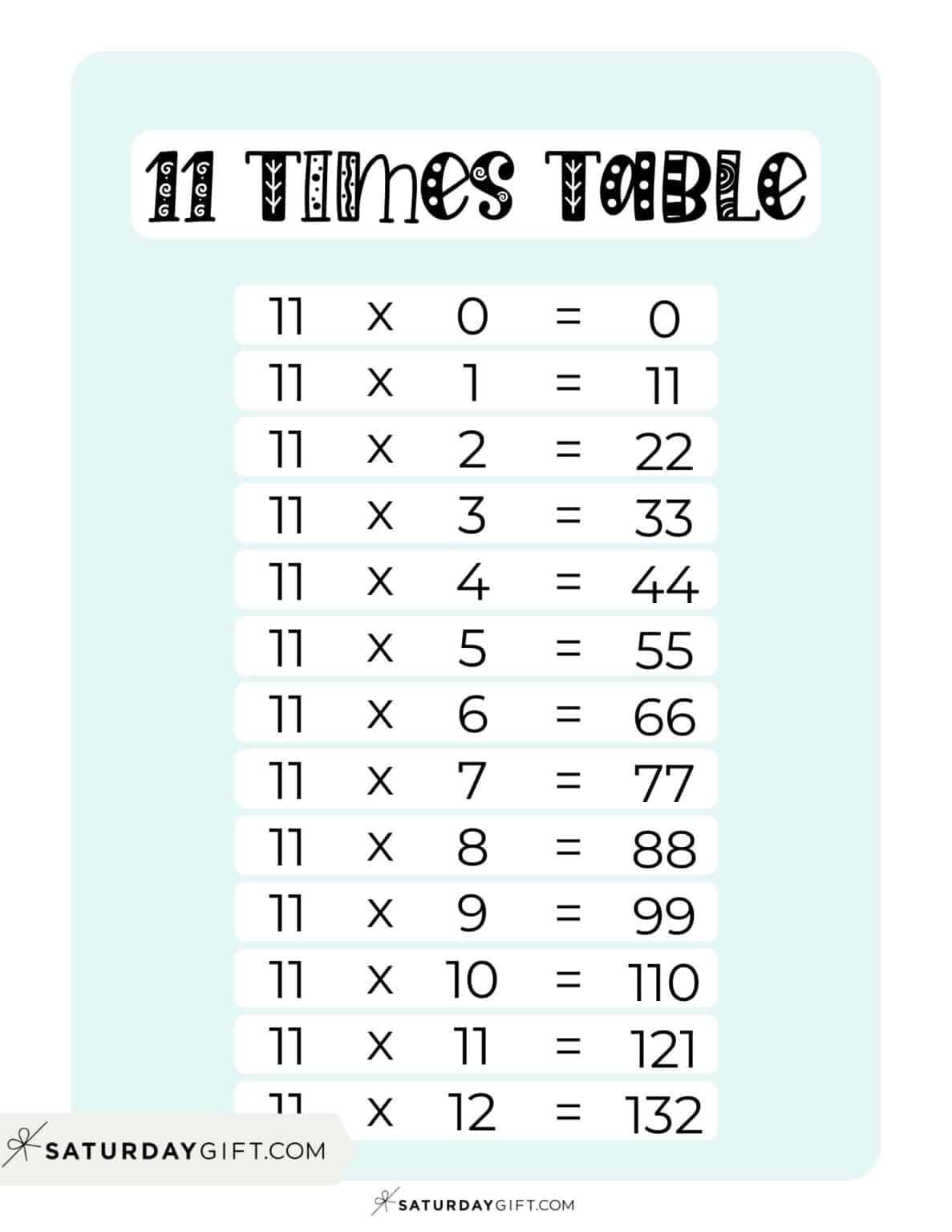 11 Times Table Chart - 15 Cute & Free Printables | SaturdayGift