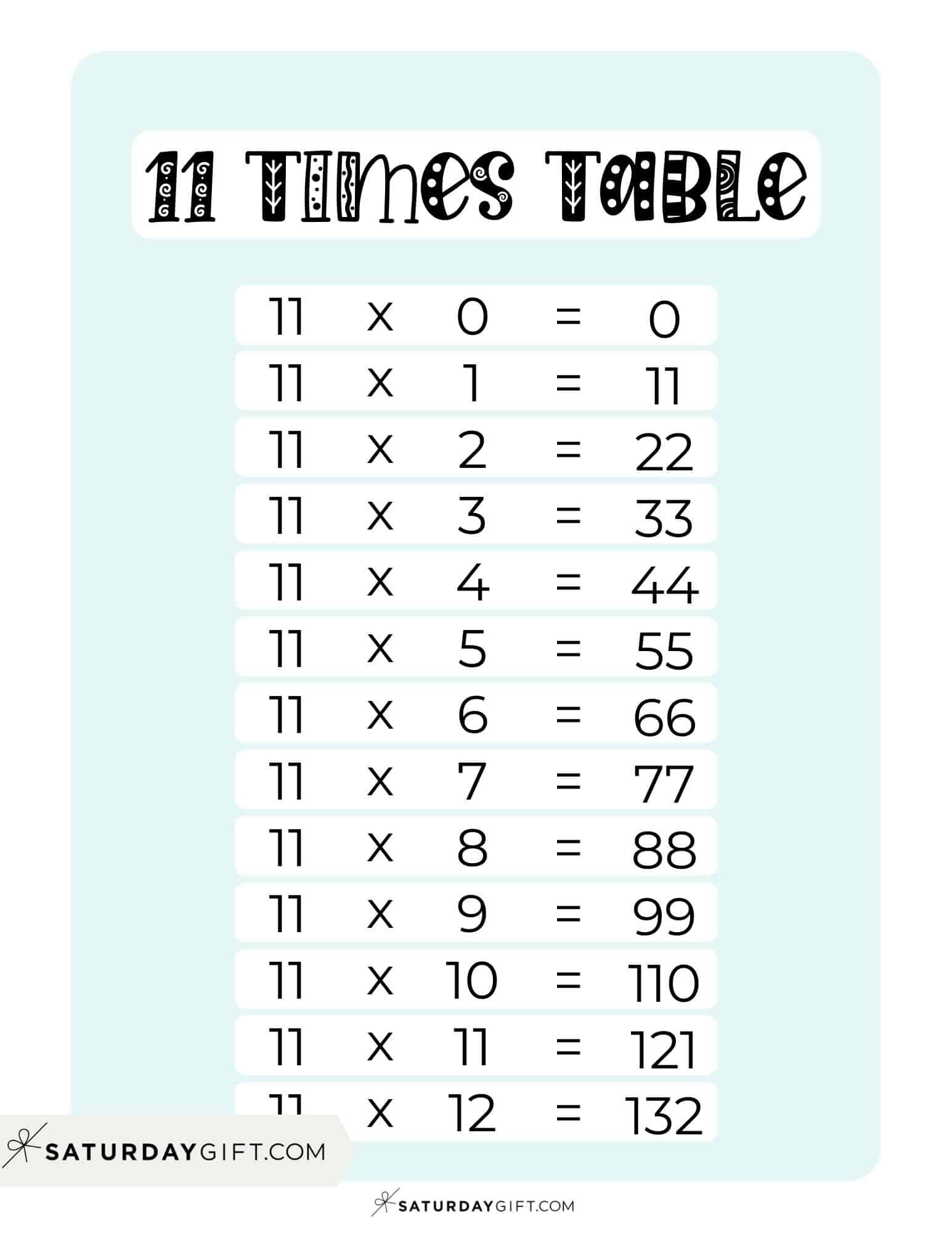 11 Times Table Chart - 15 Cute & Free Printables | SaturdayGift
