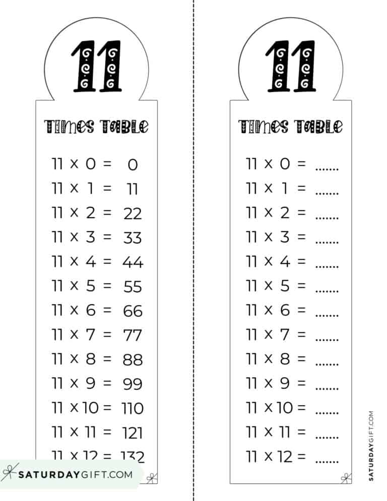 11 Times Table Chart - 15 Cute & Free Printables | SaturdayGift