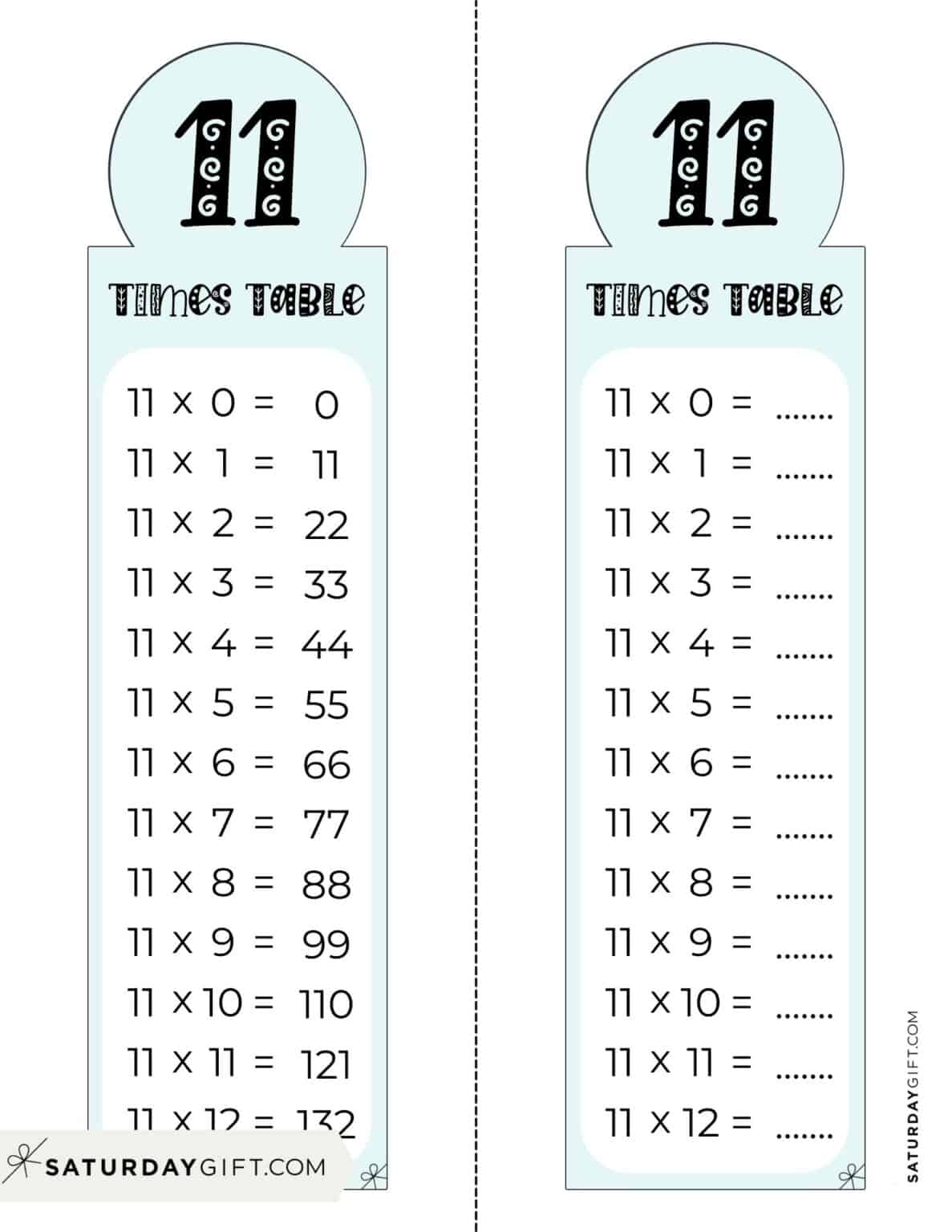 11 Times Table Chart - 15 Cute & Free Printables | SaturdayGift