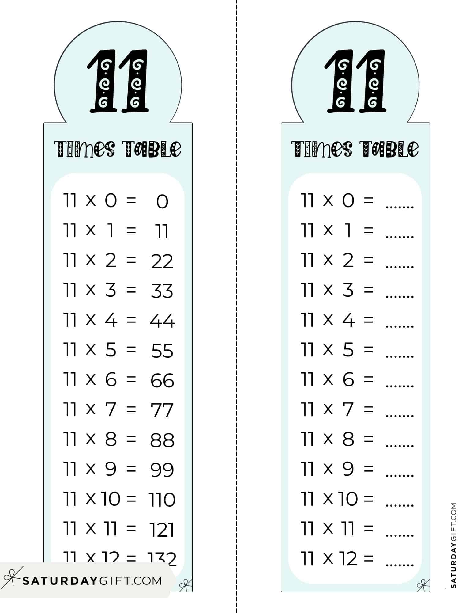 11 Times Table Chart - 15 Cute & Free Printables | SaturdayGift
