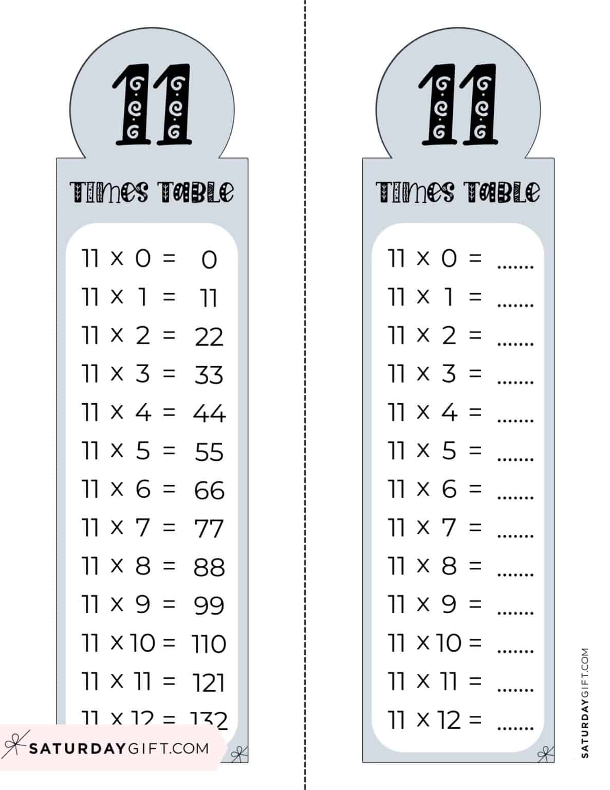11 Times Table Chart - 15 Cute & Free Printables | SaturdayGift