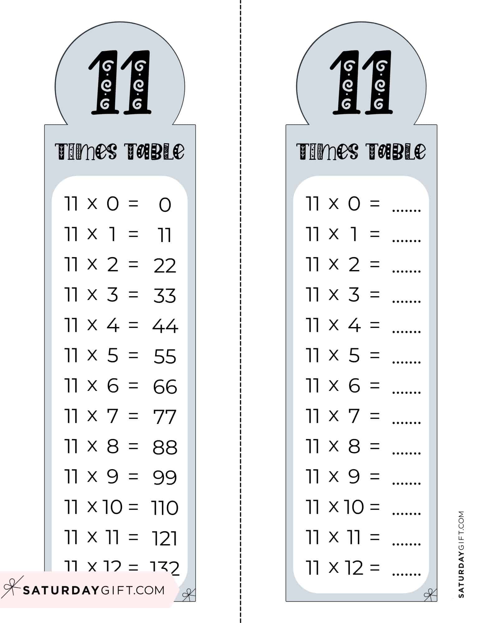 11 Times Table Chart - 15 Cute & Free Printables | SaturdayGift