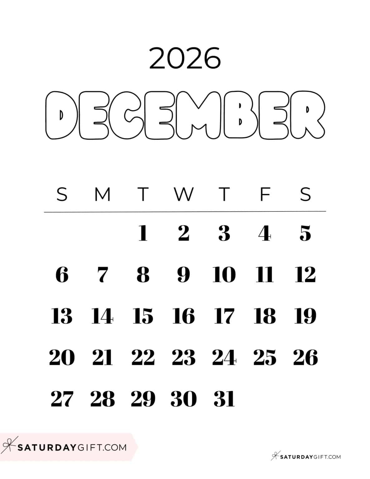December 2026 Calendars - 23 Cute Free Printable PDFs by SaturdayGift