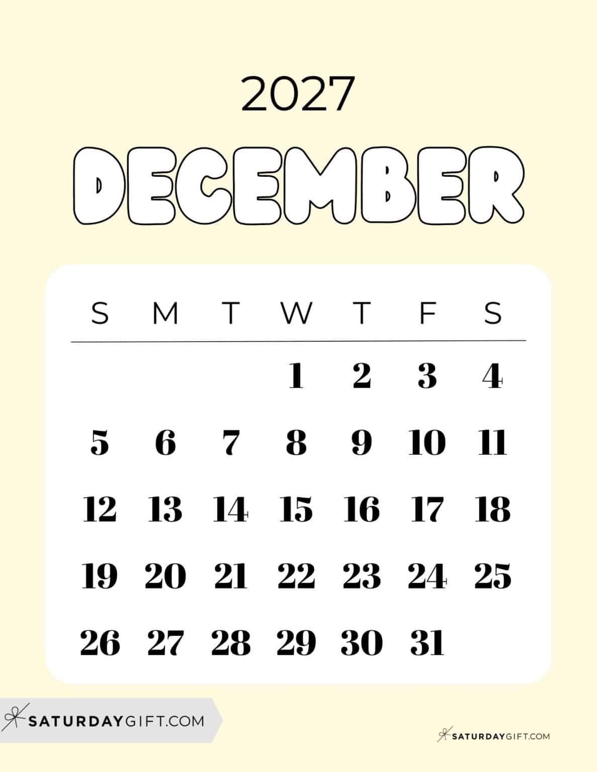 Colorful Calendar 2027 - Adorable Free Printables