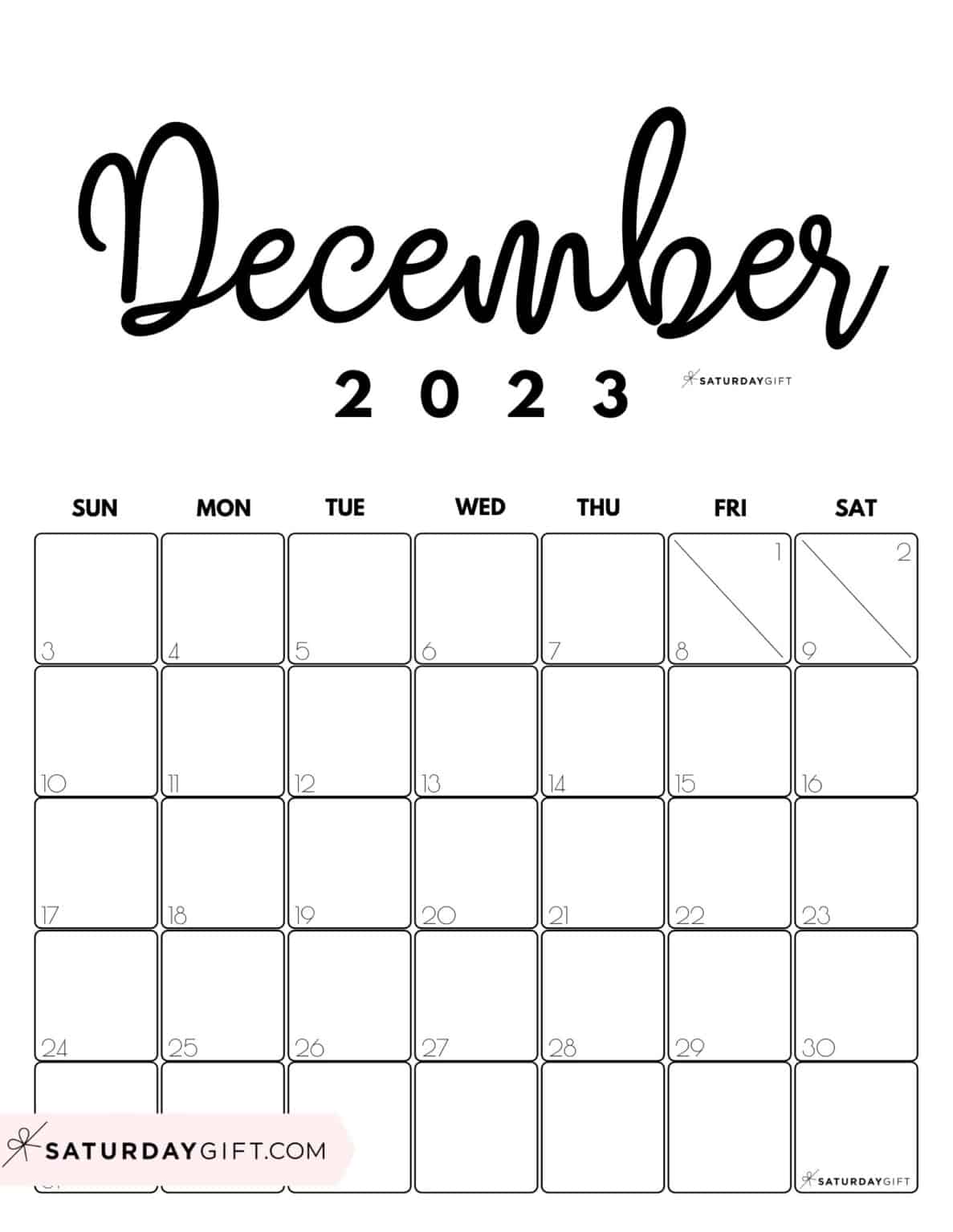 December 2023 Calendar - 20 Cute & FREE Printables | SaturdayGift
