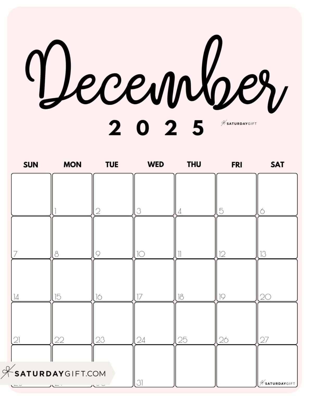 December 2025 Calendars - 23 Cute Free Printable PDFs | SaturdayGift