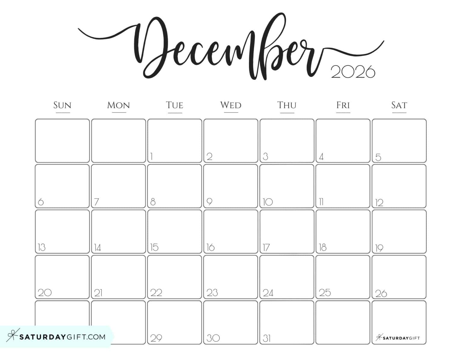 Elegant Printable Calendar 2026 by SaturdayGift - Readers' Favorite!