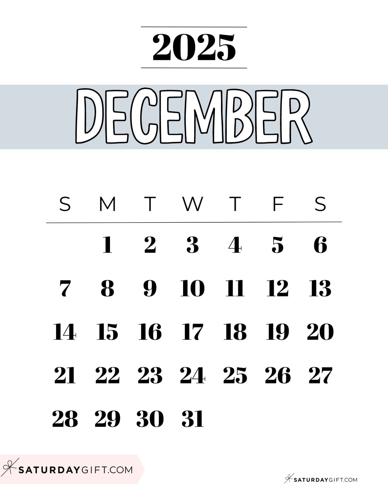 December 2025 Calendar - 20 Cute & FREE Printables | SaturdayGift