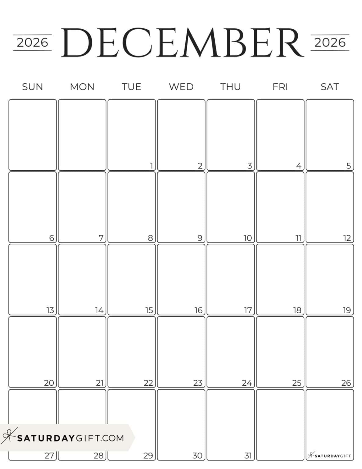 Simple Calendar 2026 - Free Printable Vertical Calendars