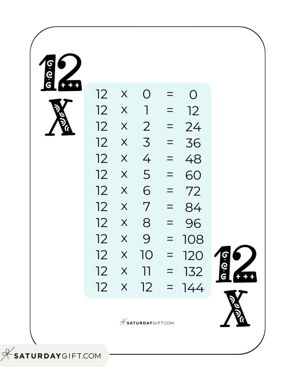 12 Times Table Chart - 15 Cute & Free Printables | SaturdayGift