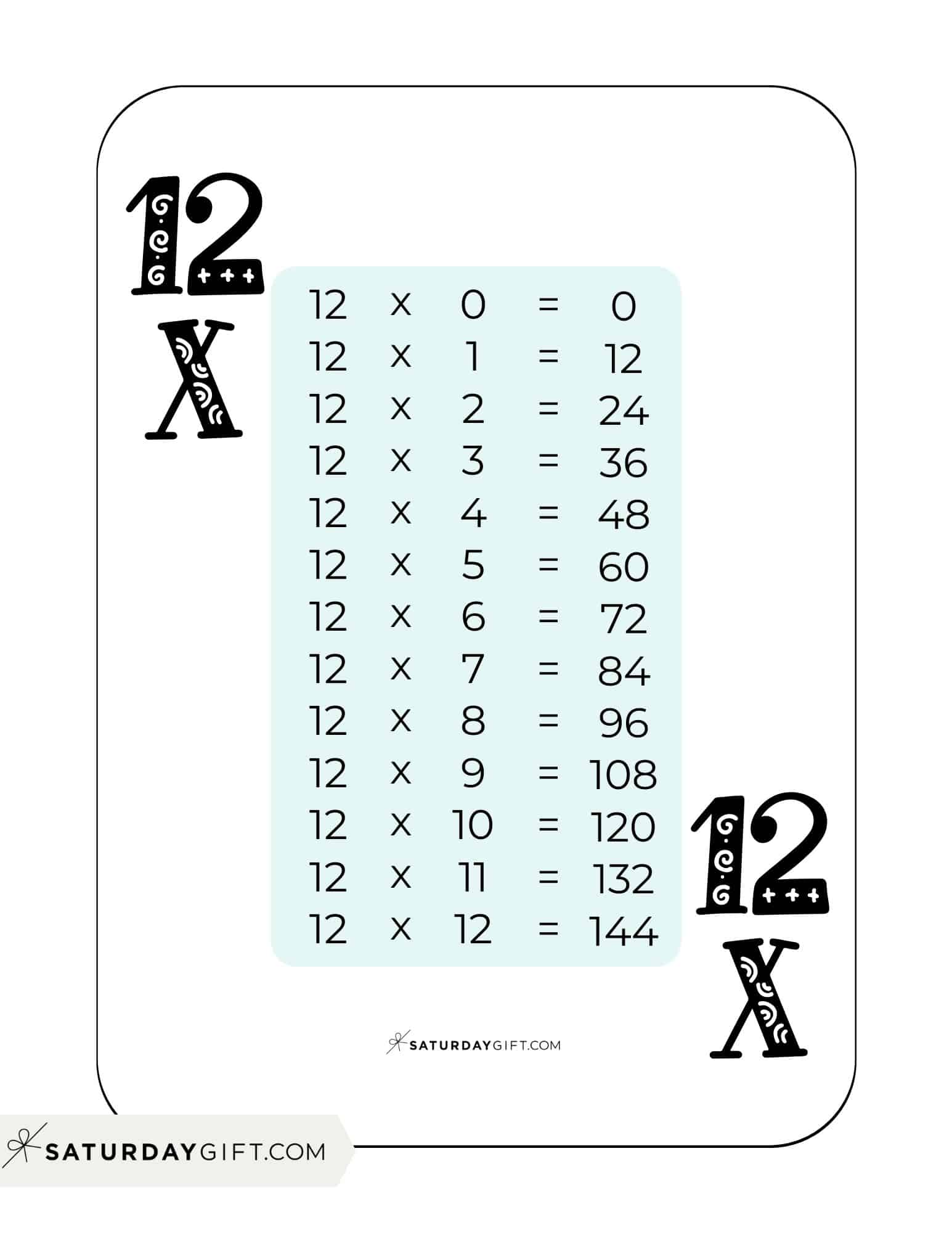 12 Times Table Chart - 15 Cute & Free Printables | SaturdayGift