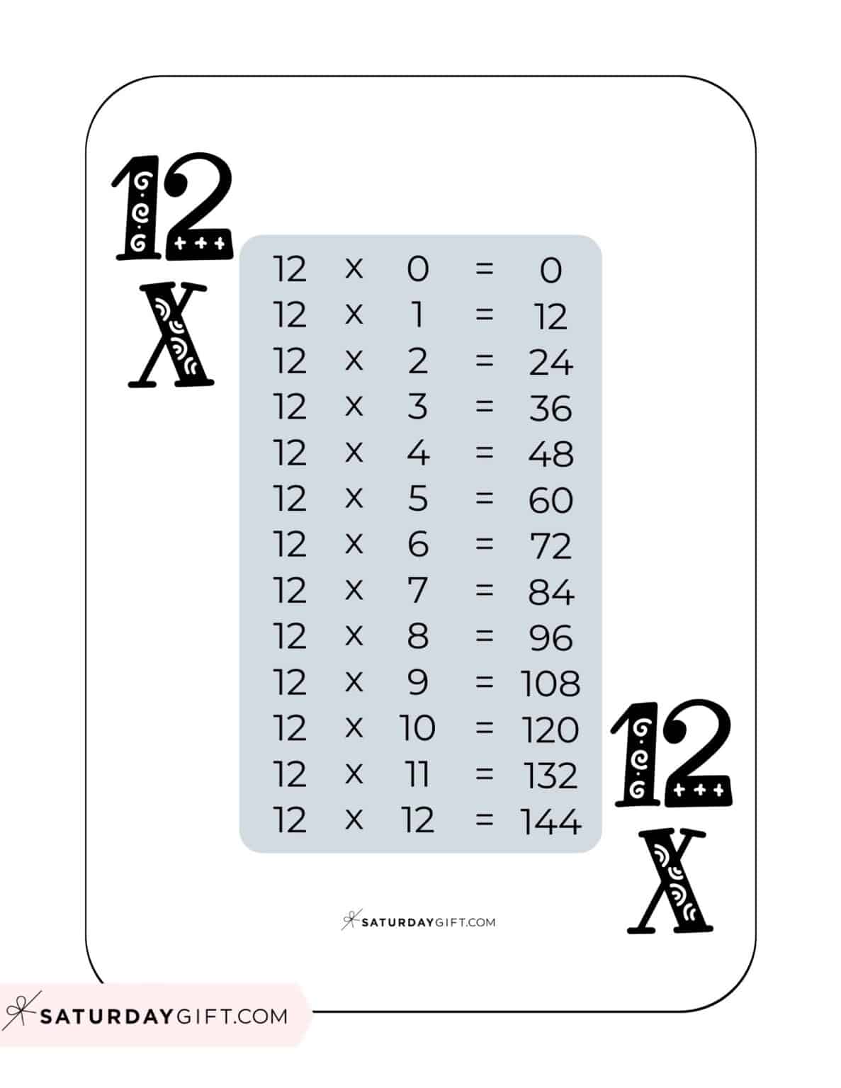 12 Times Table Chart - 15 Cute & Free Printables | SaturdayGift