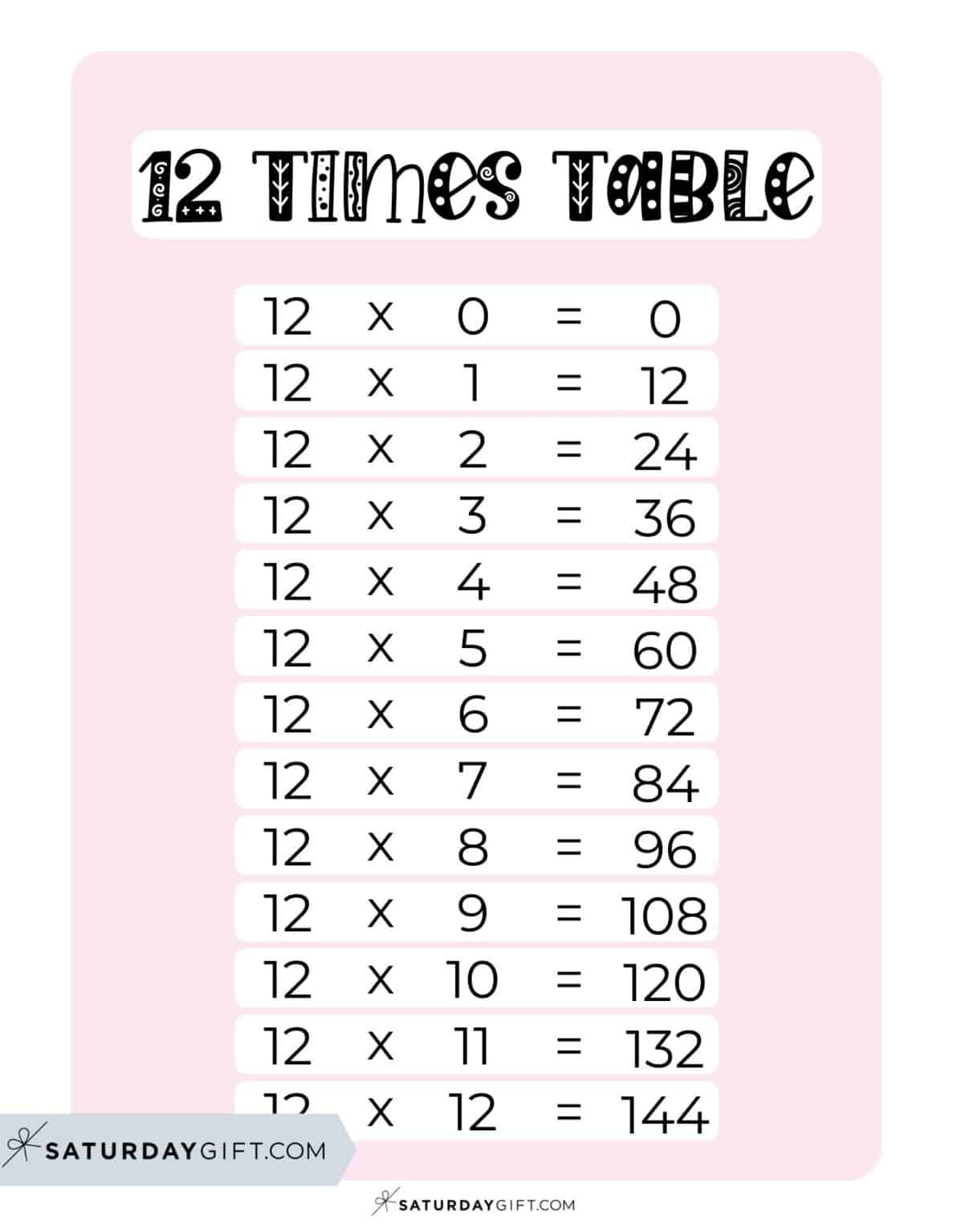12 Times Table Chart - 15 Cute & Free Printables | SaturdayGift