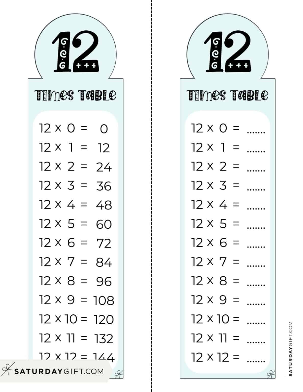 12 Times Table Chart - 15 Cute & Free Printables | SaturdayGift