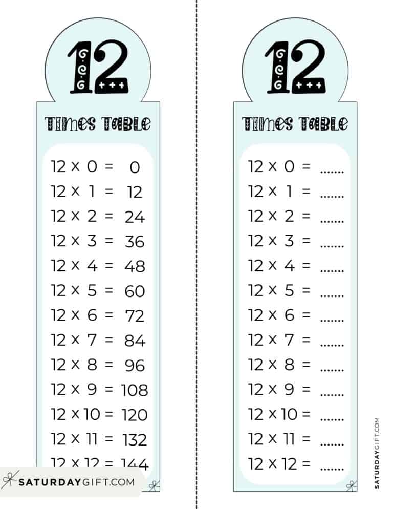 12 Times Table Chart - 15 Cute & Free Printables | SaturdayGift