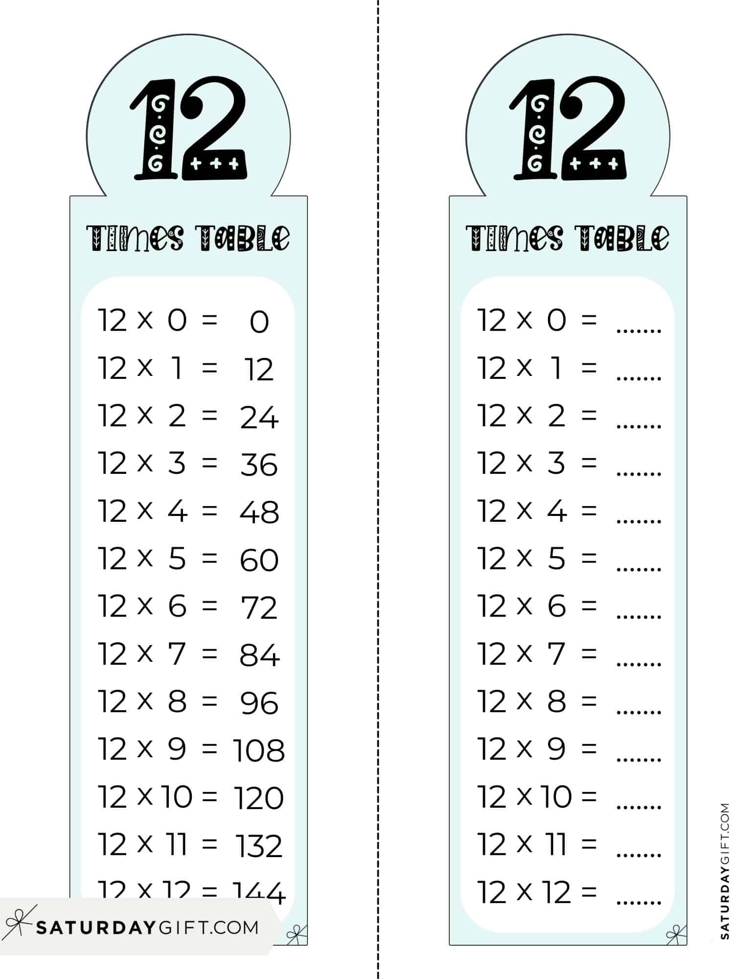 12 Times Table Chart - 15 Cute & Free Printables | SaturdayGift