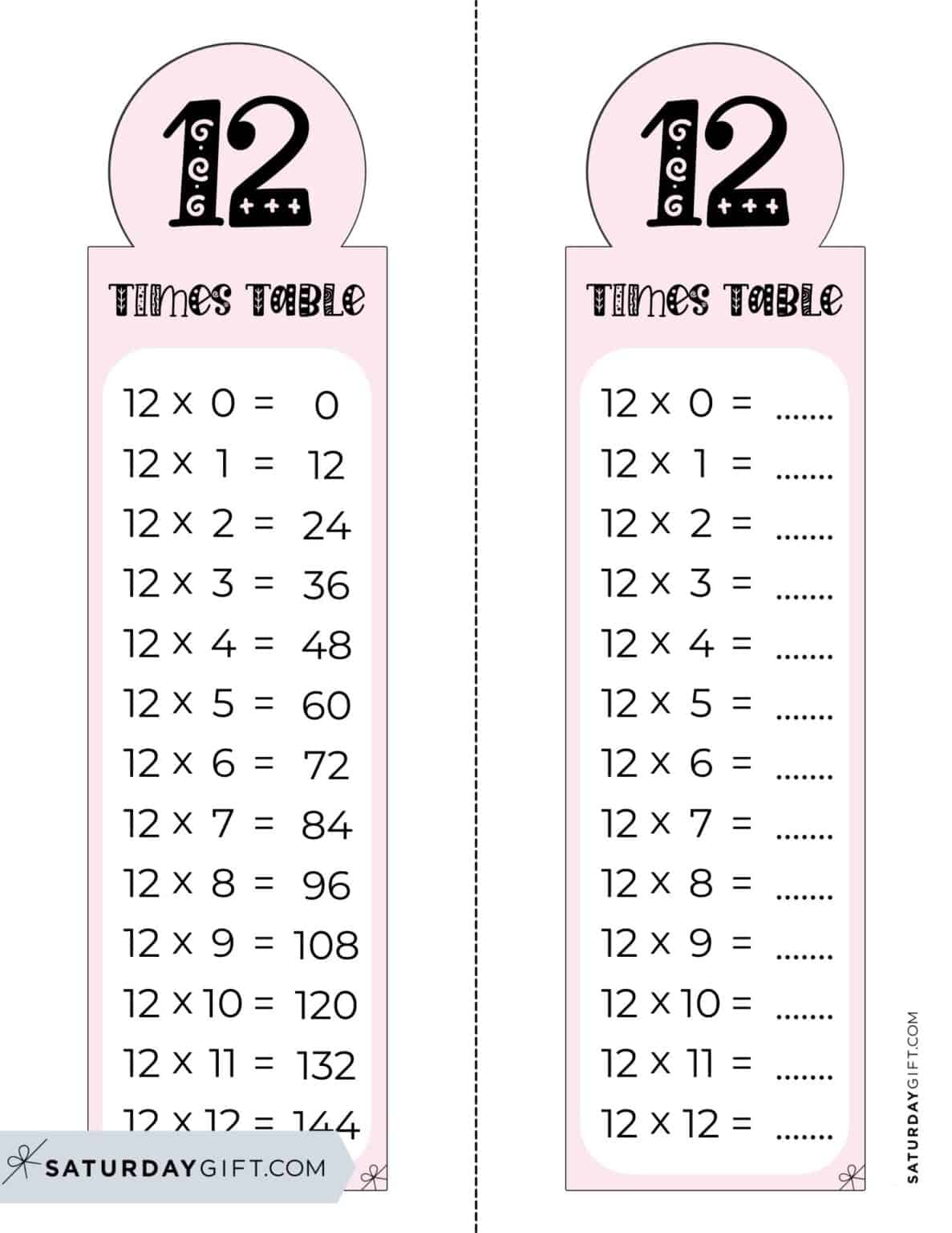 12 Times Table Chart - 15 Cute & Free Printables | SaturdayGift