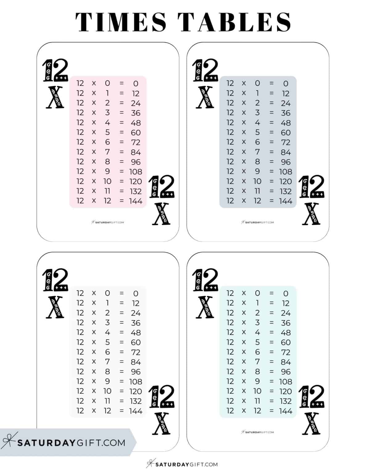12 Times Table Chart - 15 Cute & Free Printables | SaturdayGift