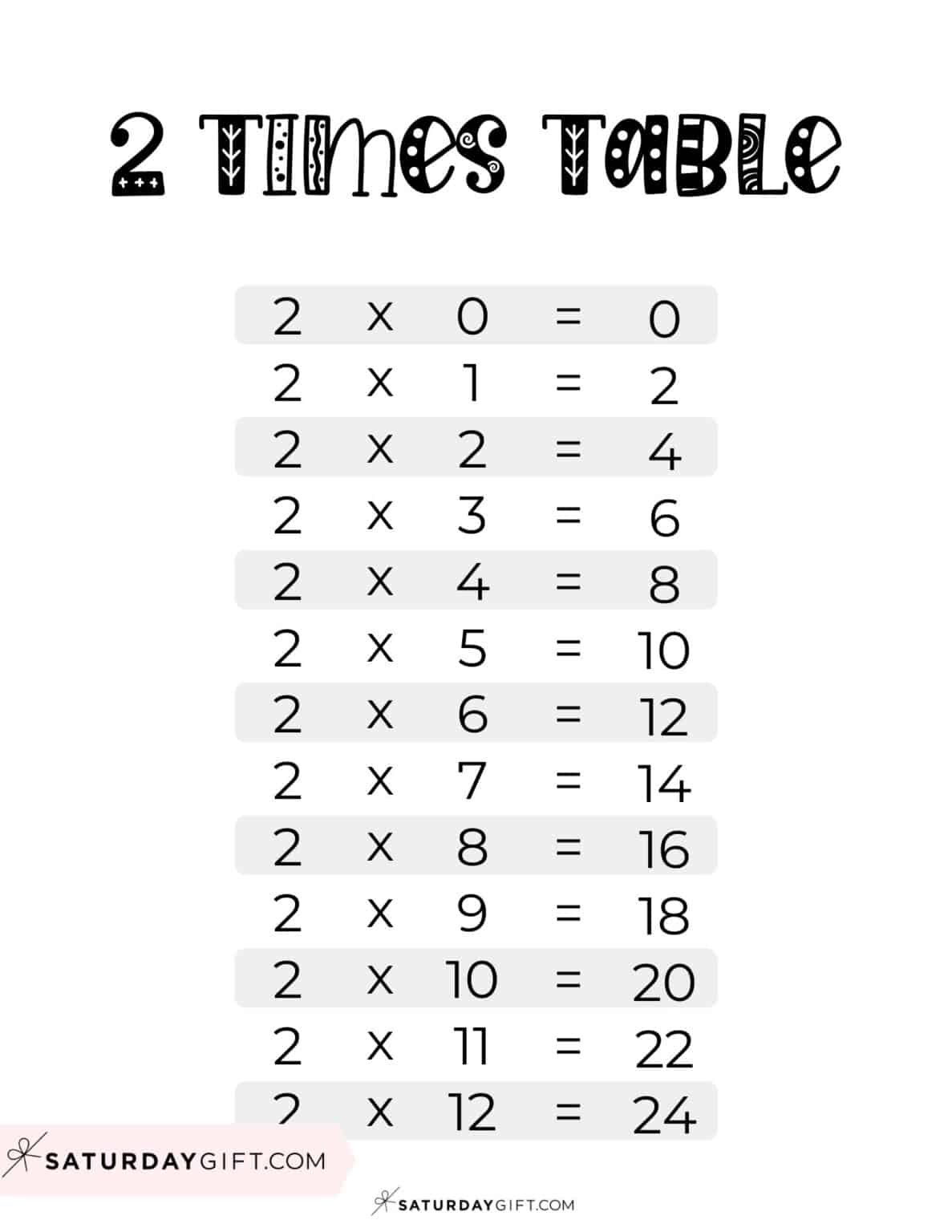 2 Times Table Chart - 15 Cute & Free Printables | SaturdayGift