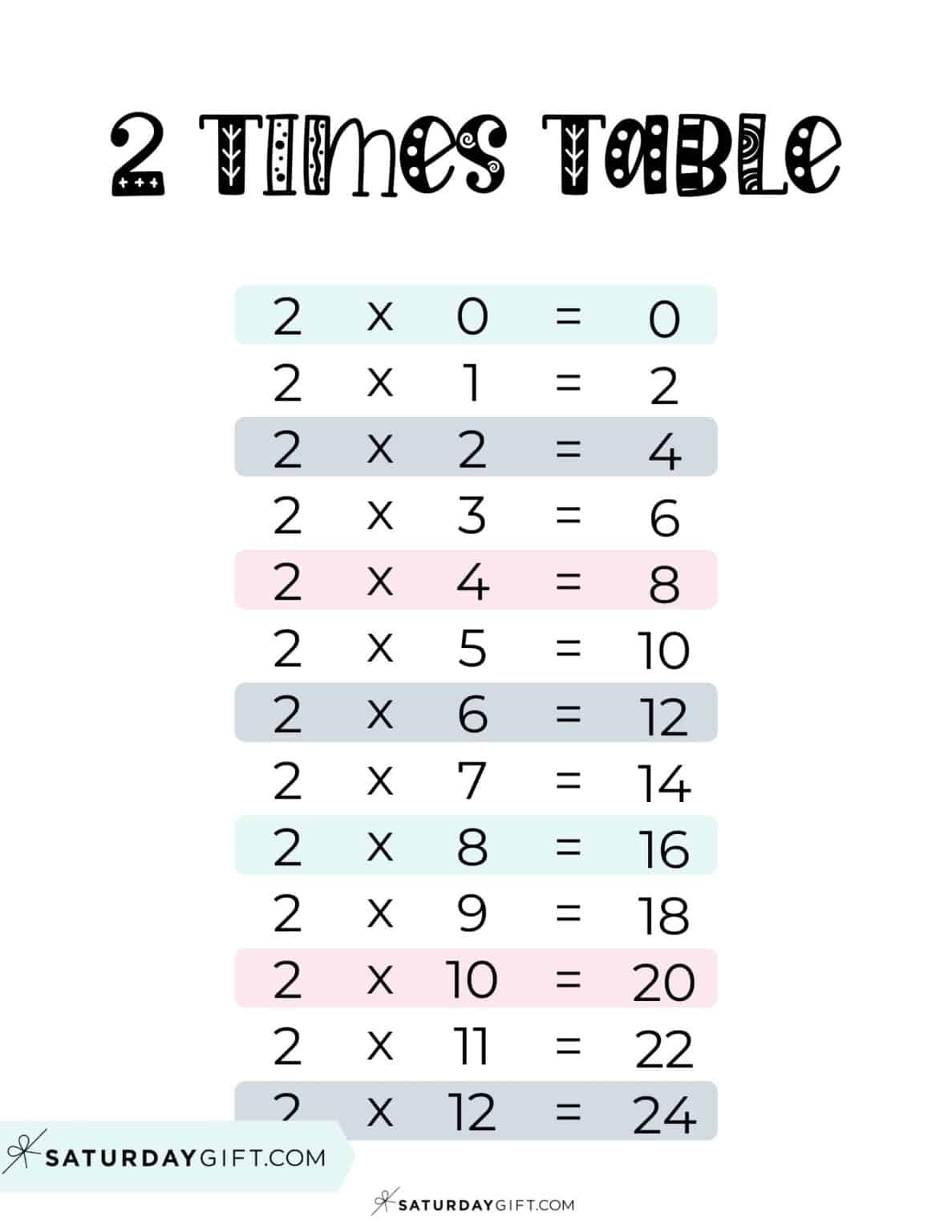 2 Times Table Chart - 15 Cute & Free Printables | SaturdayGift