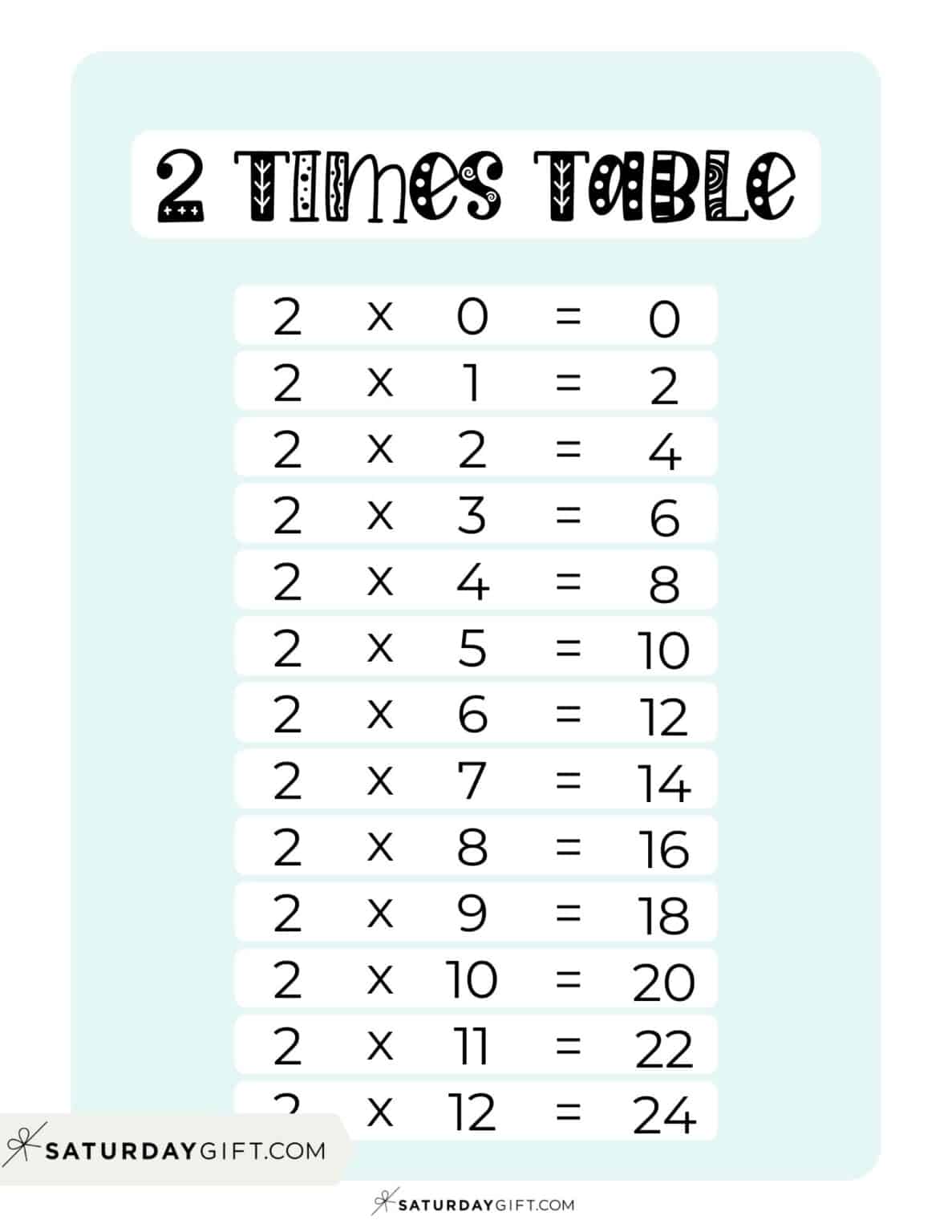 2 Times Table Chart - 15 Cute & Free Printables | SaturdayGift