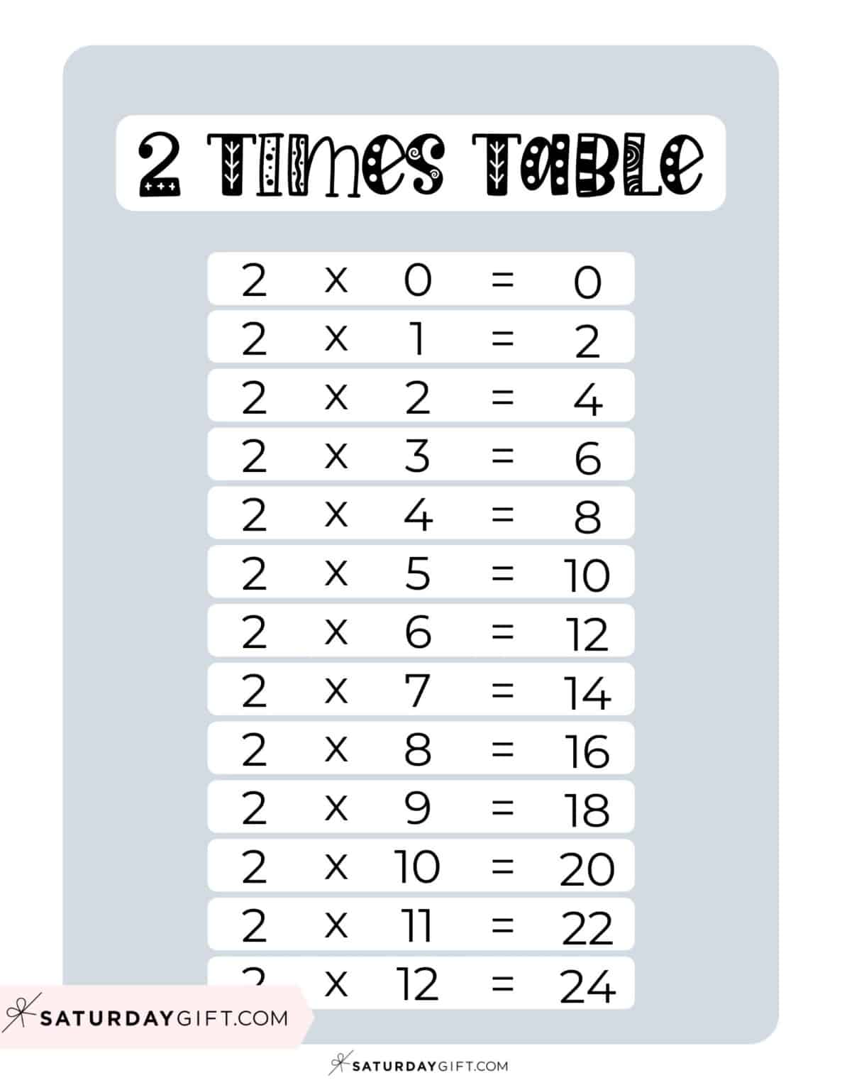 2 Times Table Chart - 15 Cute & Free Printables | SaturdayGift