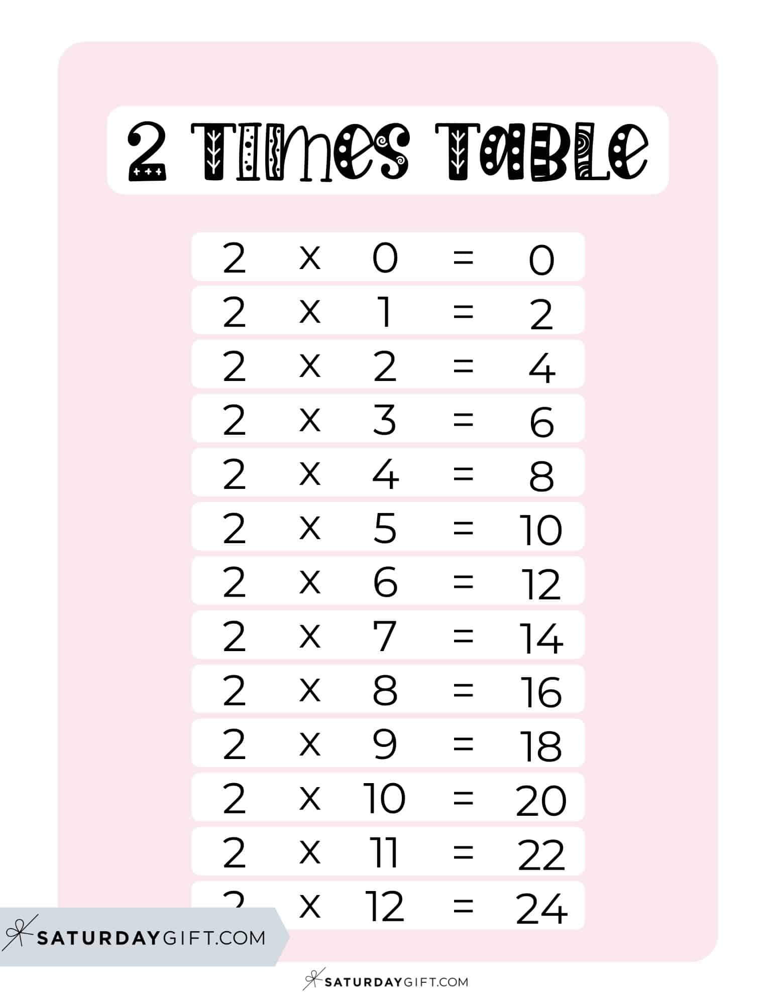 2 Times Table Chart - 15 Cute & Free Printables | SaturdayGift