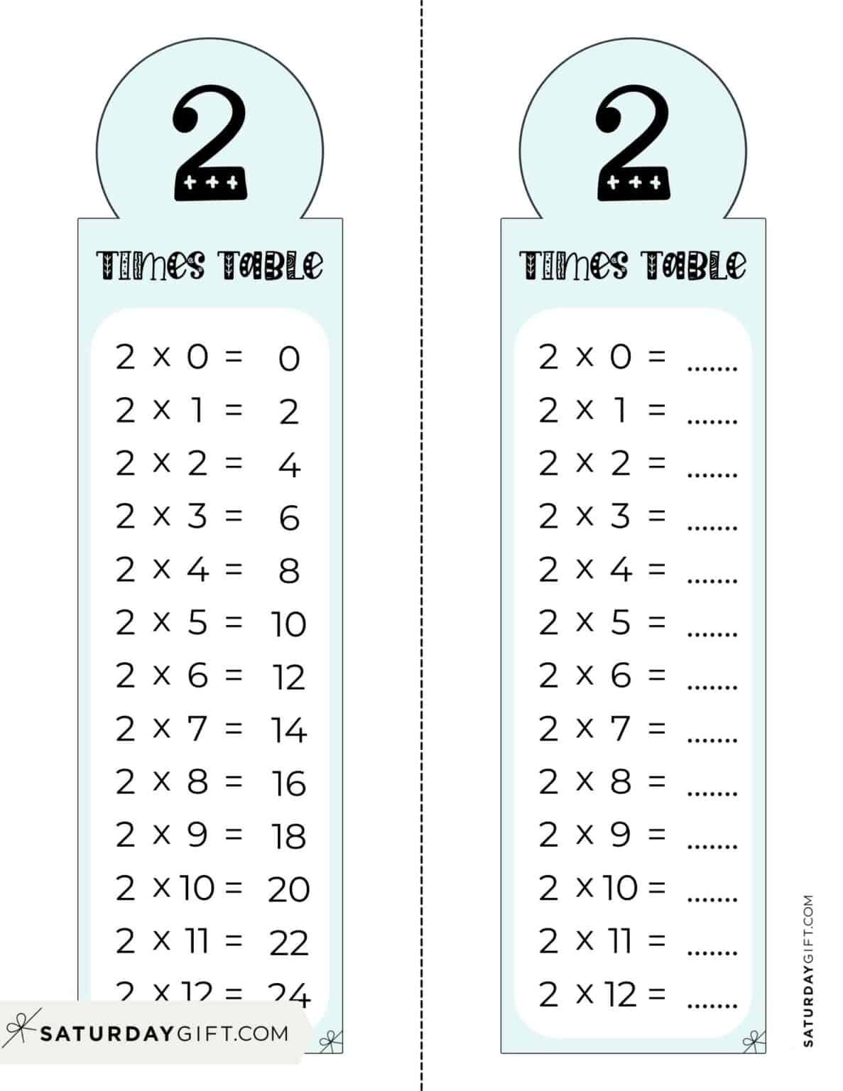 2 Times Table Chart - 15 Cute & Free Printables | SaturdayGift