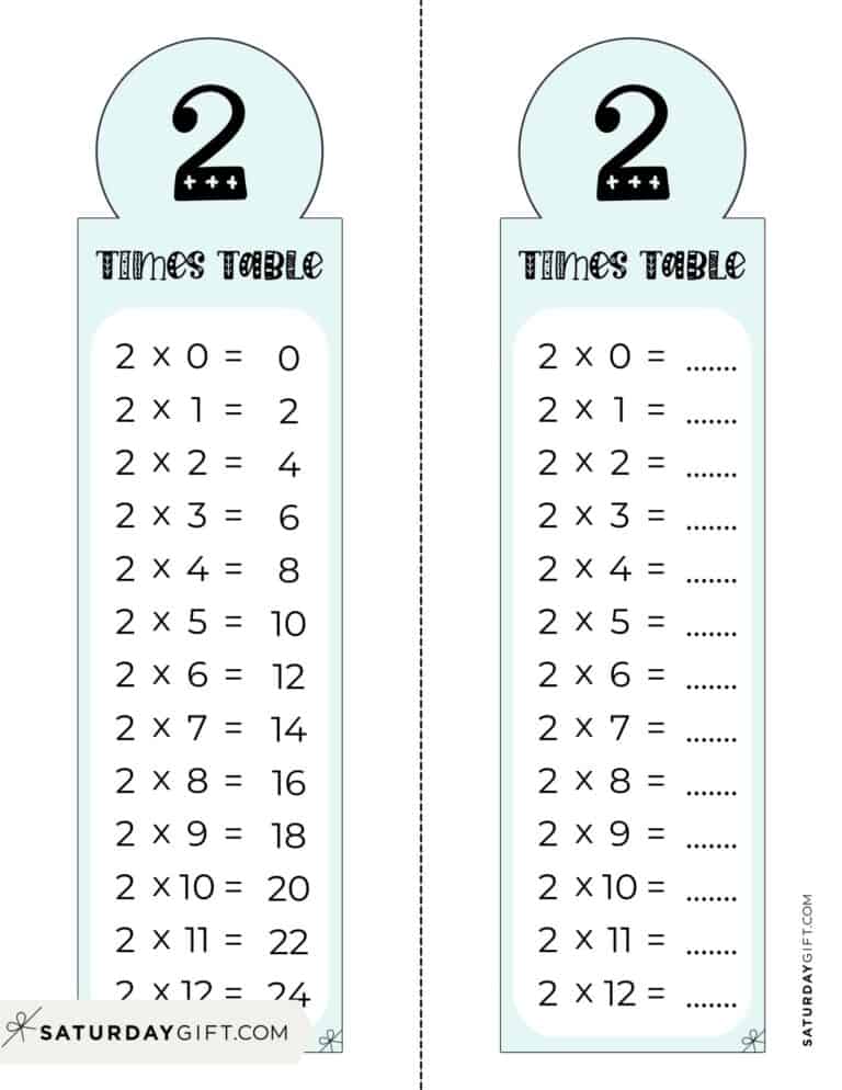 2 Times Table Chart - 15 Cute & Free Printables | SaturdayGift