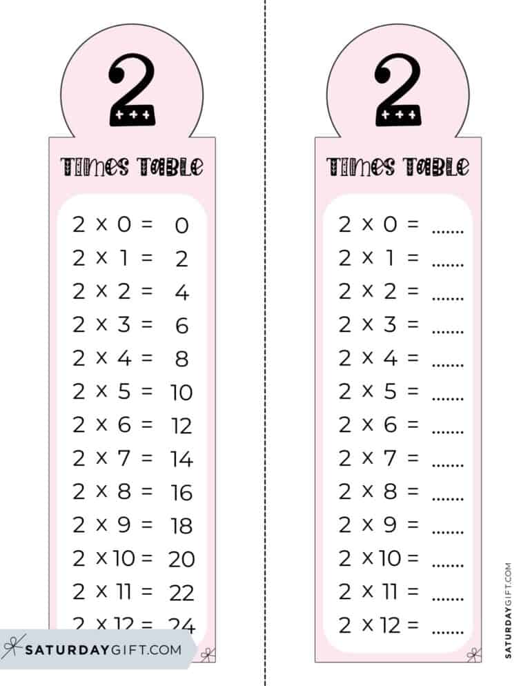 2 Times Table Chart - 15 Cute & Free Printables | SaturdayGift