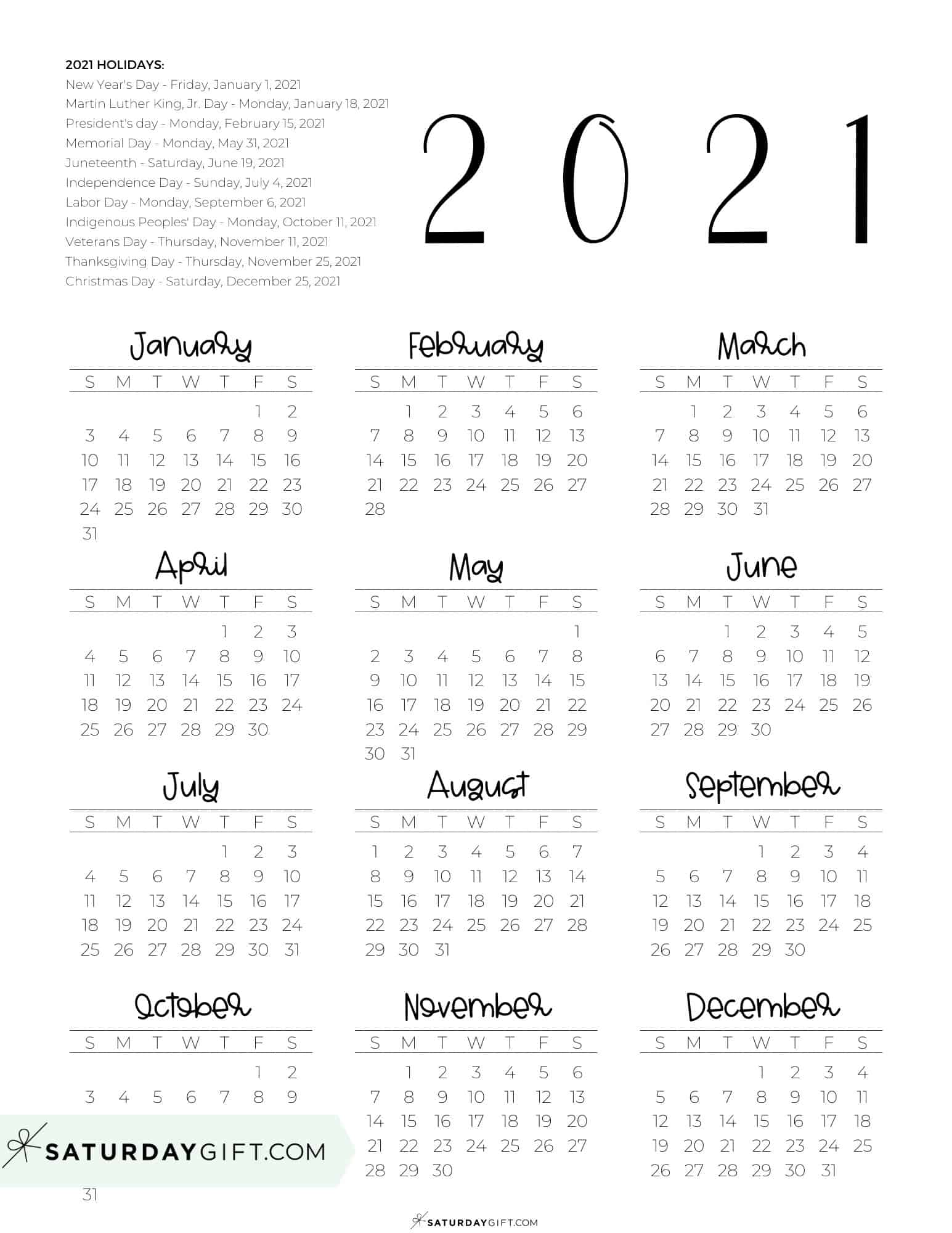 2021 Calendar Printable - Cute & Free 2021 Yearly Calendar Templates