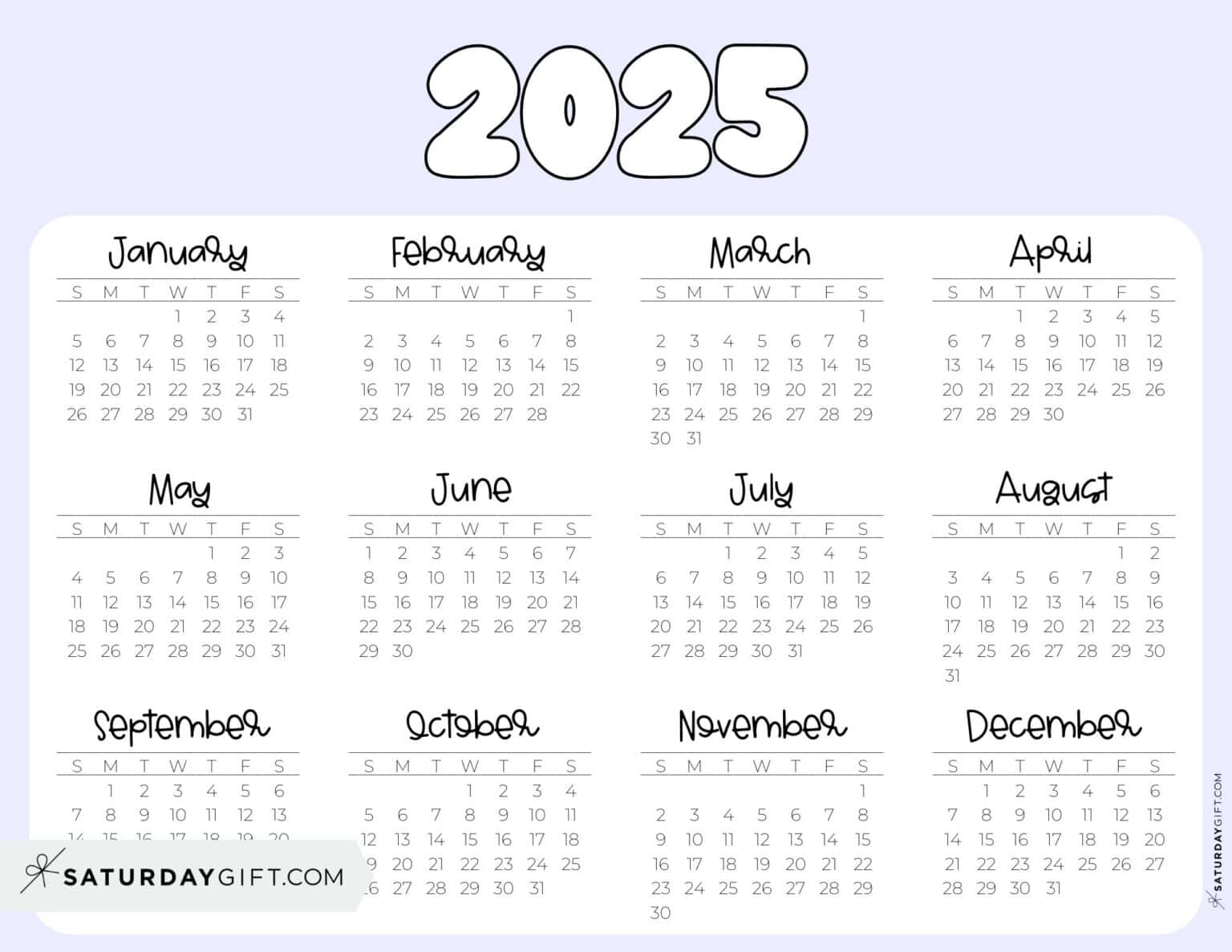 2025 year at a glance Calendars - 37 Cute and Free PDFs