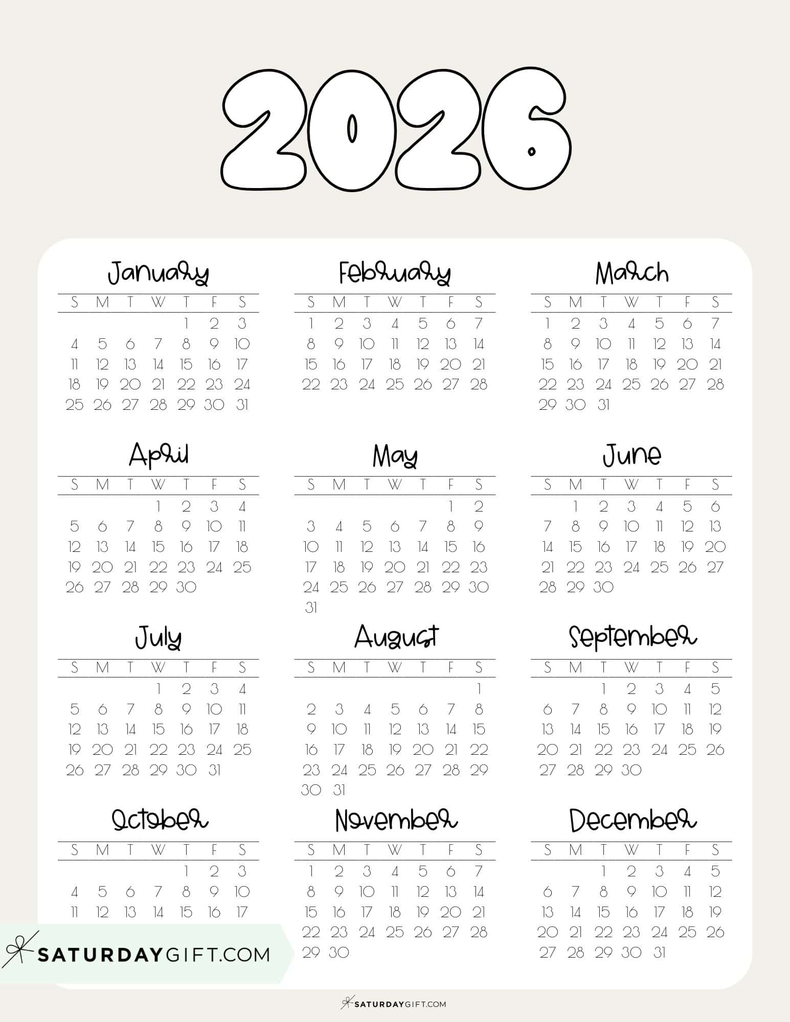 2026 Yearly Calendar Printable - 17 Cute & Free 2026 Annual Calendars