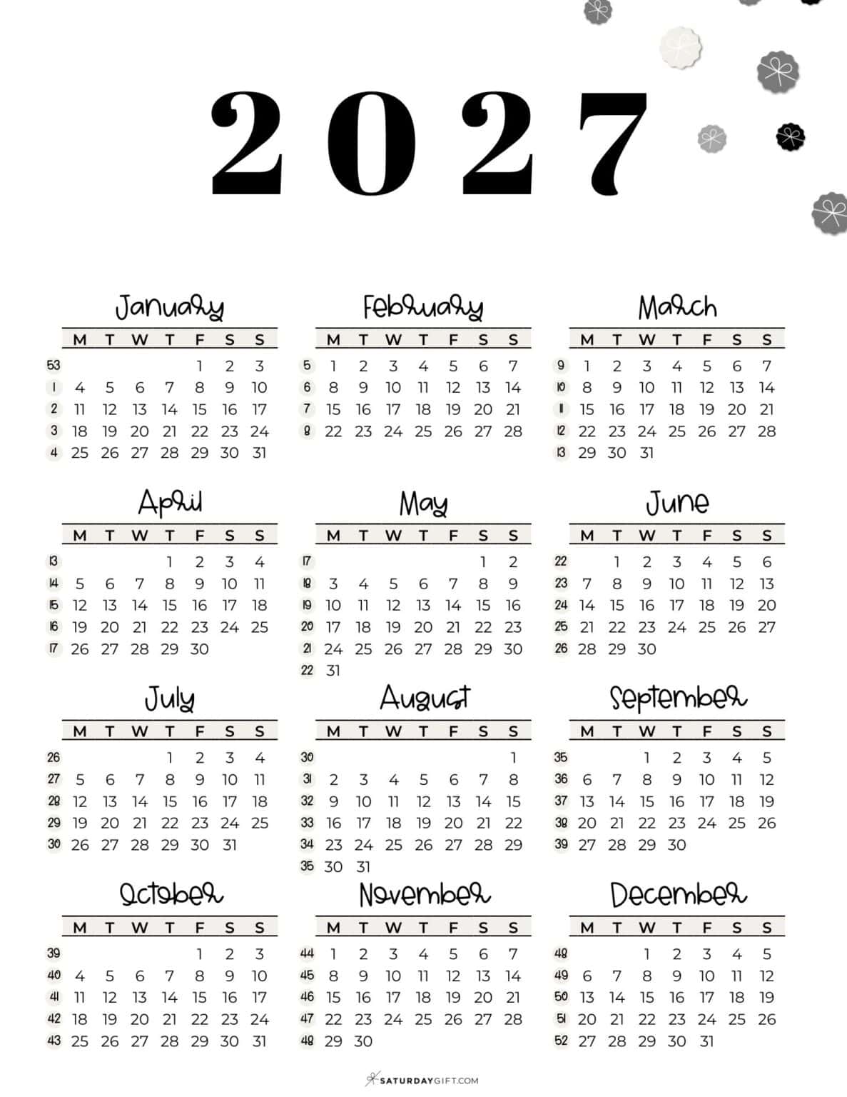 Week numbers for 2027 - What week is it? | SaturdayGift