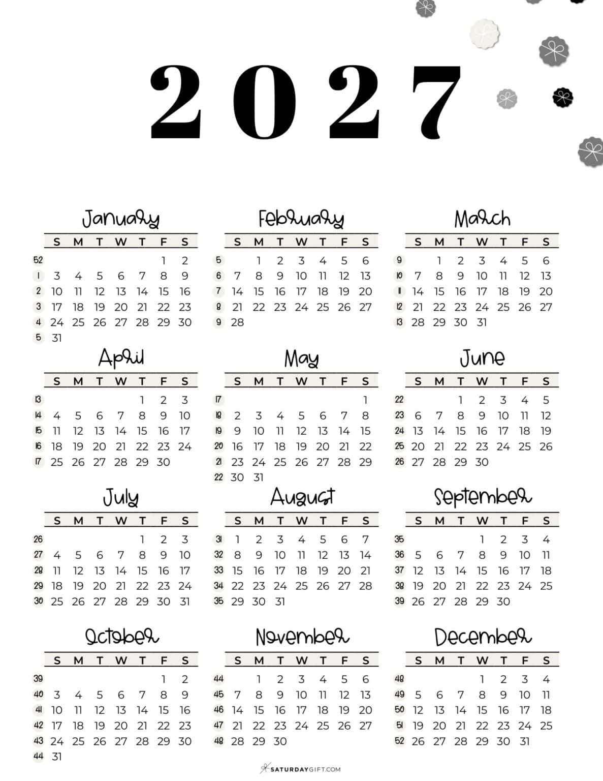 Week numbers for 2027 - What week is it? | SaturdayGift