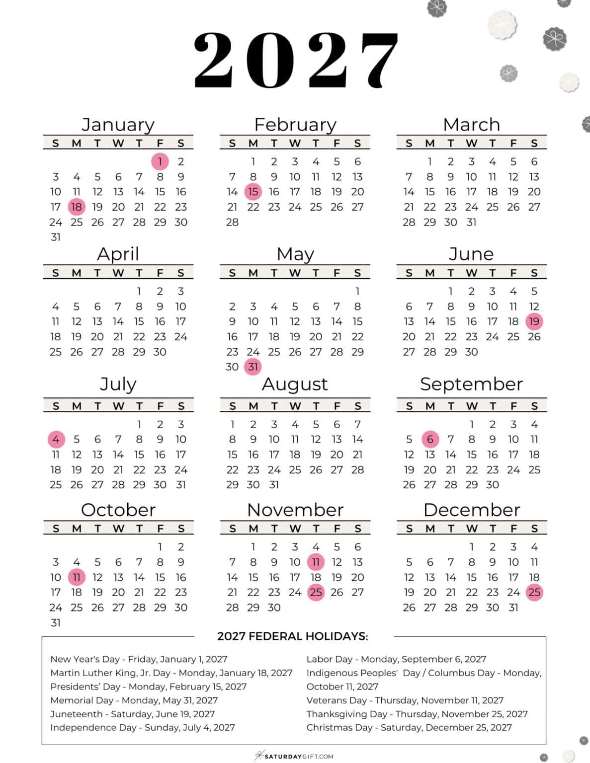 List of Federal holidays 2027 in the U.S. | SaturdayGift