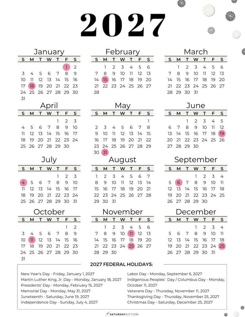 List Of Federal Holidays 2027 In The U S Saturdaygift