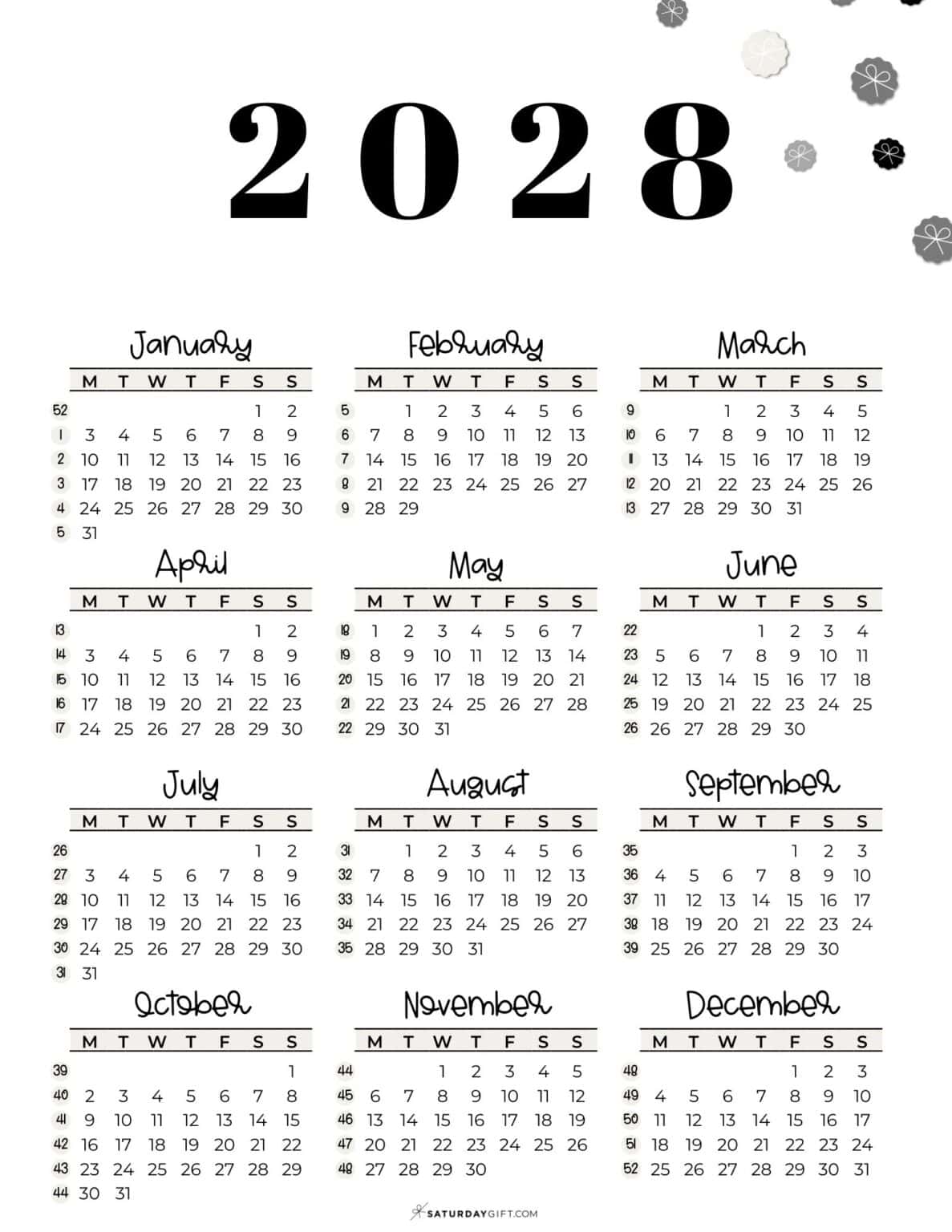 Week numbers for 2028 - What week is it? | SaturdayGift