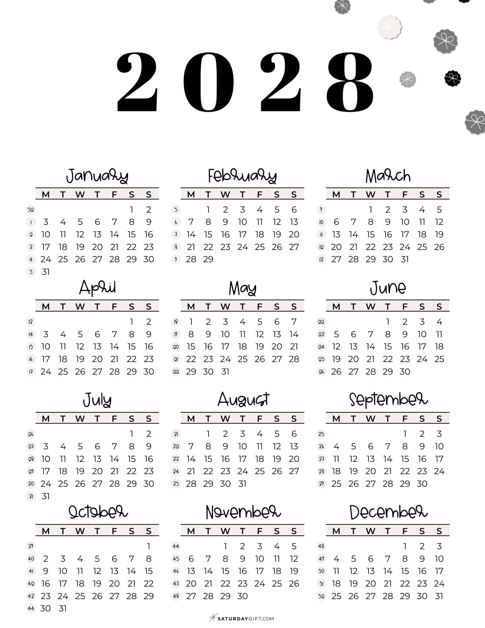 Week numbers for 2028 - What week is it? | SaturdayGift