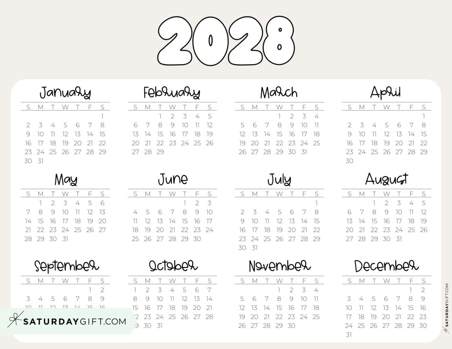 2028 Yearly Calendars - 35 Aesthetic Free Printables
