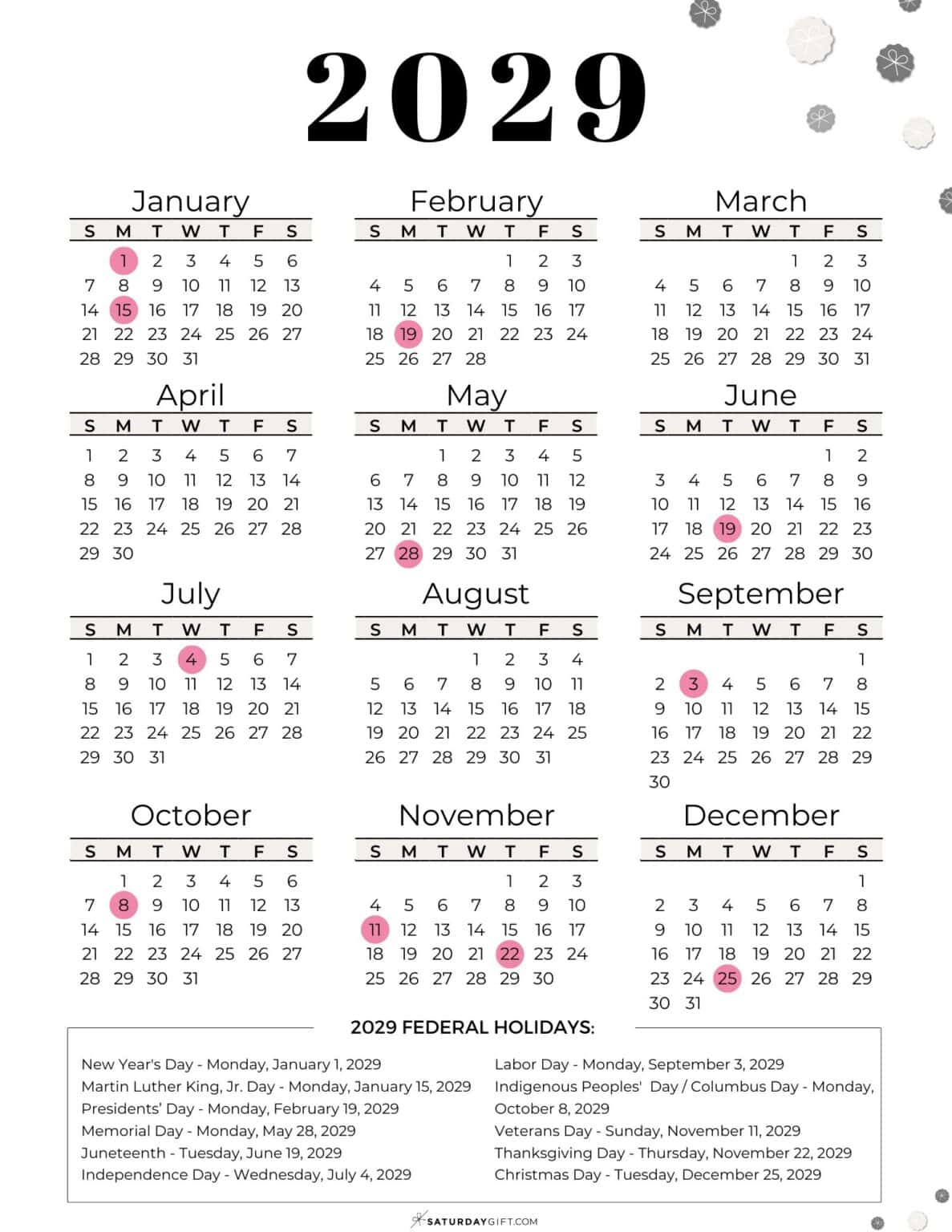 List of Federal holidays 2029 in the U.S. | SaturdayGift